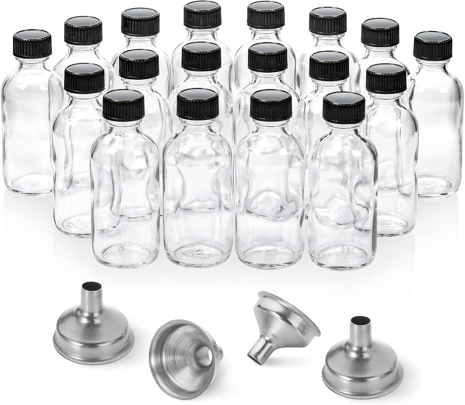 12 Pack, 2 oz Small Clear Glass Bottles w/Lid & 3 Funnels - 60ml Boston ...