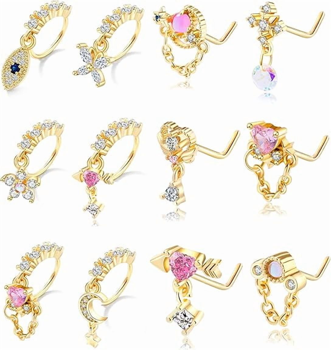 12-Pack 20G Dangle Nose Rings for Women - Surgical Steel L Shape Nose ...