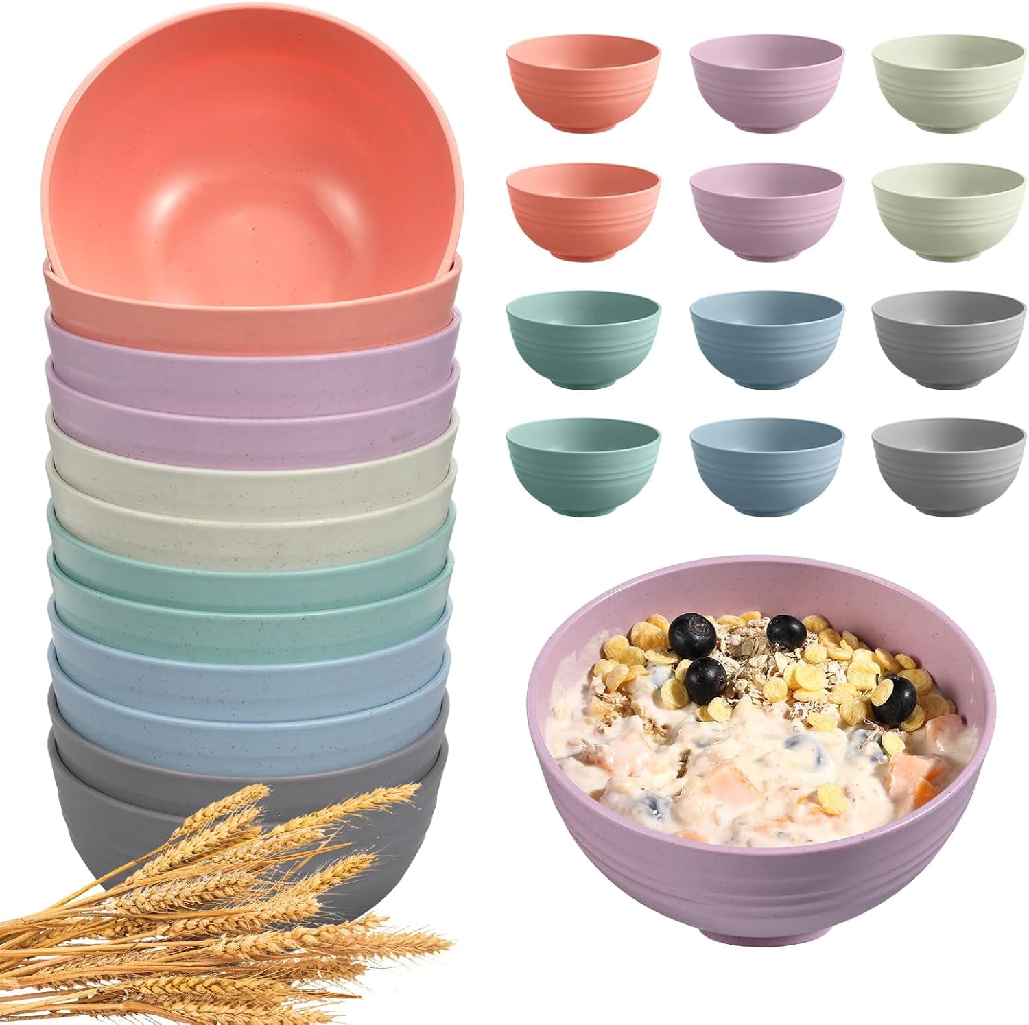 12 Pack 26oz Wheat Straw Bowls, Unbreakable Light Multicolor Bowl Set ...