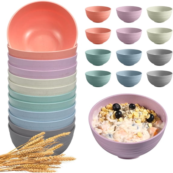 12 Pack 26oz Wheat Straw Bowls, Unbreakable Light Multicolor Bowl Set ...