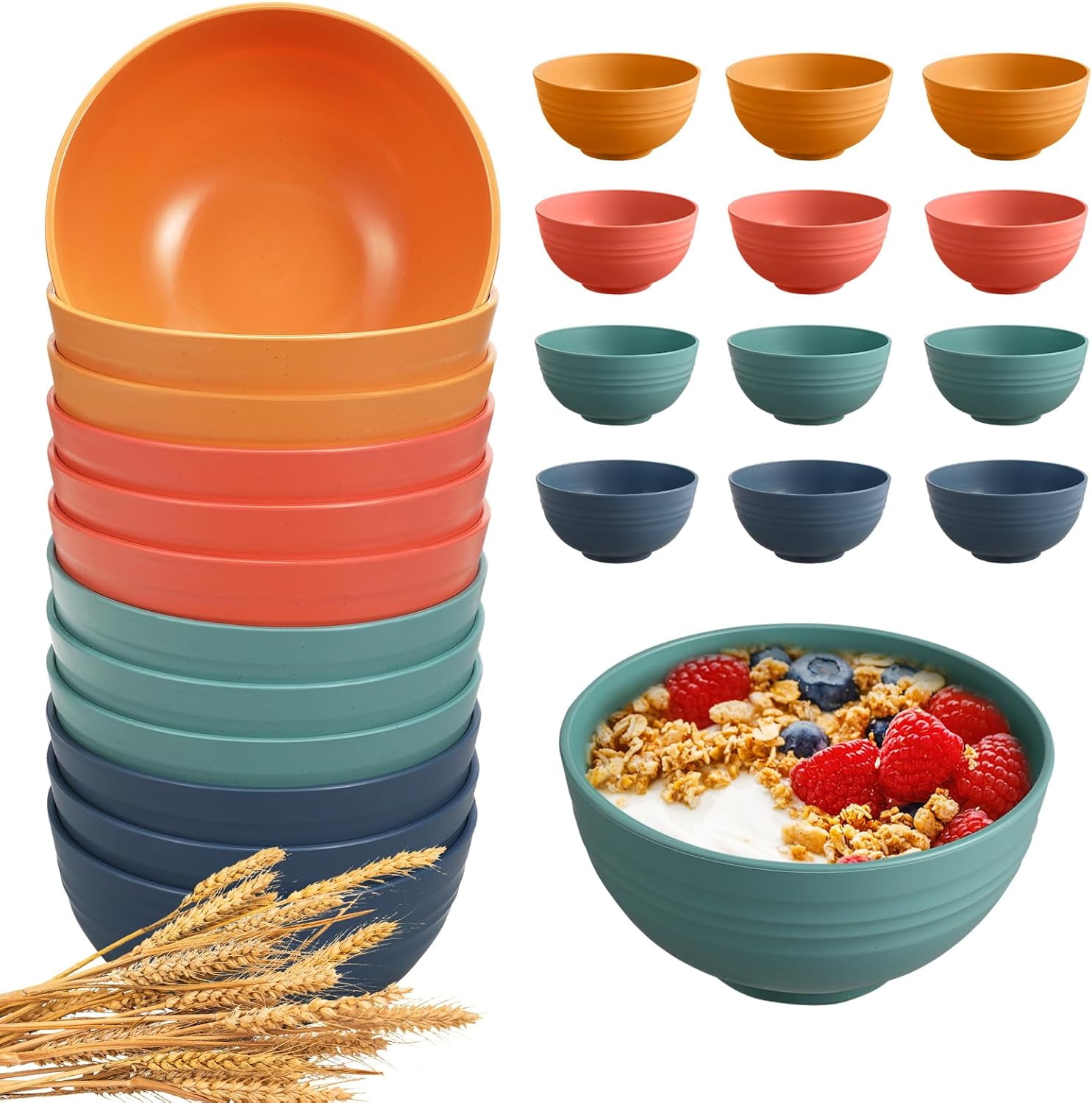 12 Pack 26oz Wheat Straw Bowls, Unbreakable Multicolor Bowl Set ...