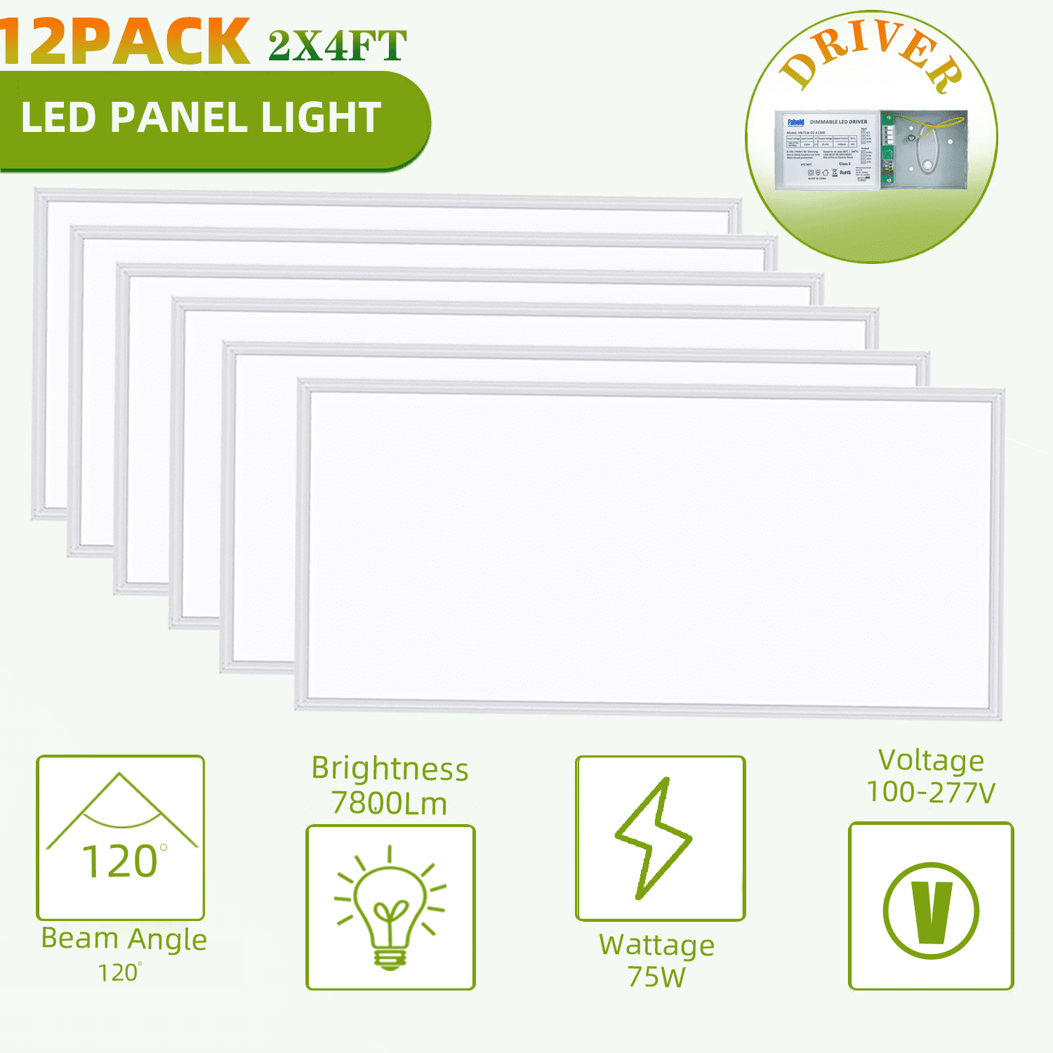 12 Pack 2x4ft LED Troffer Panel Light Fixture,0-10V Dimmable 7800 ...