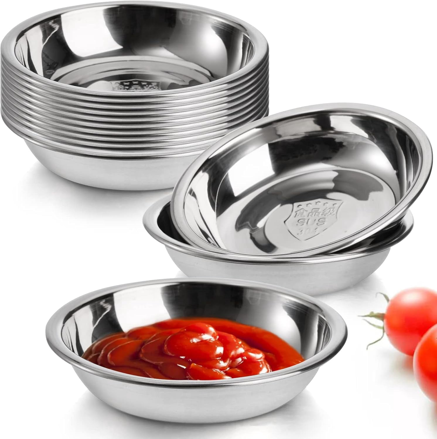 12 Pack 3.75 inches 18/8 Stainless Steel Sauce Bowl Round Seasoning ...