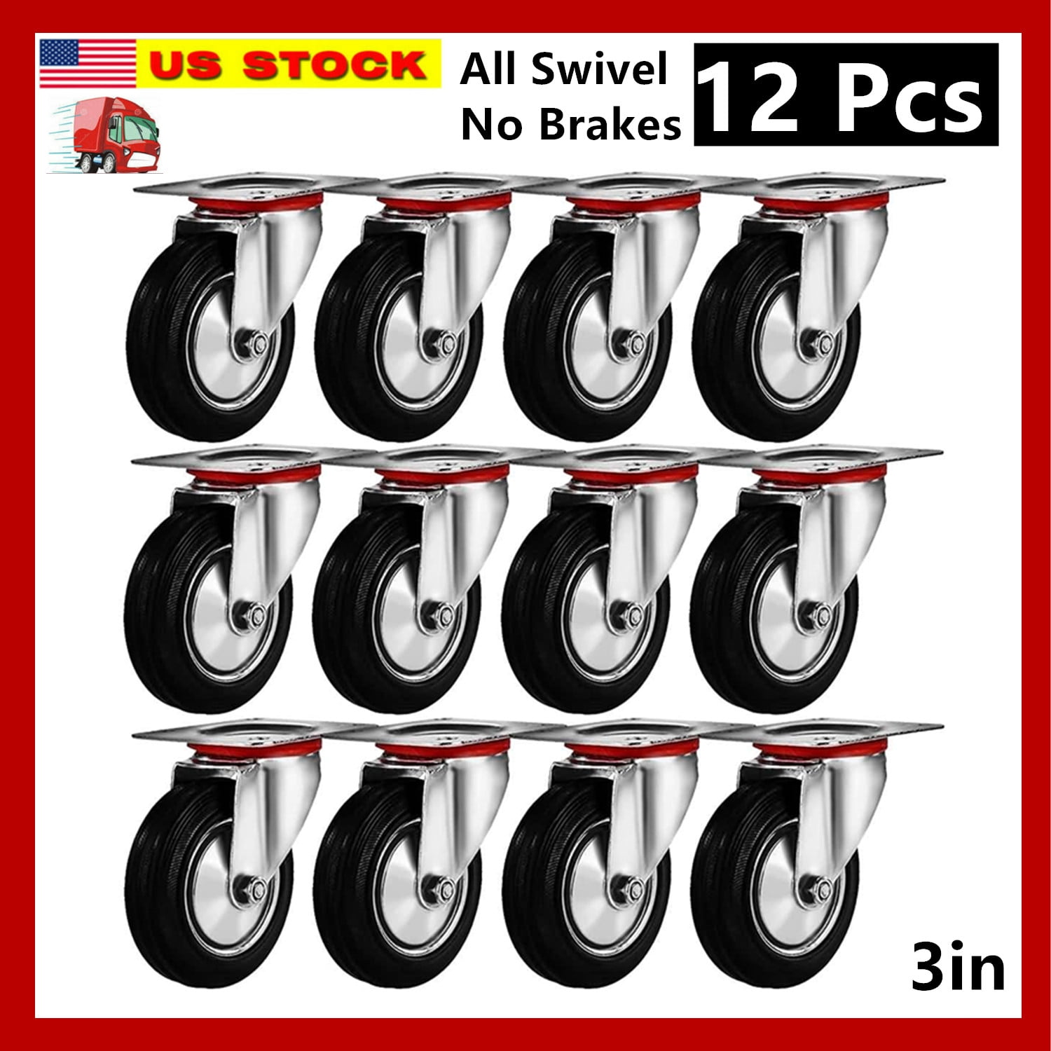12 Pack 3 Inch Caster Wheels Swivel Plate Polyurethane Wheels, Heavy ...