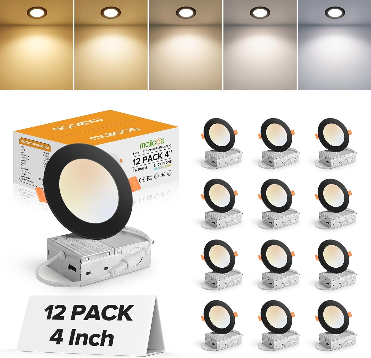 12-Pack 4-Inch 5CCT Black Ultra-Slim LED Recessed Ceiling Light with ...