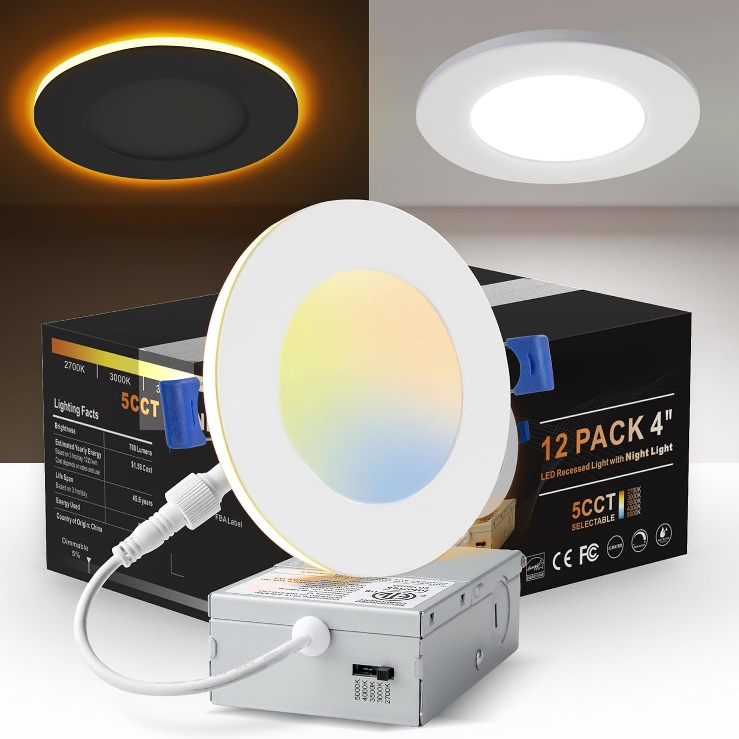 12 Pack 4 Inch 5CCT LED Recessed Light with Night Light,Ultra-Thin ...
