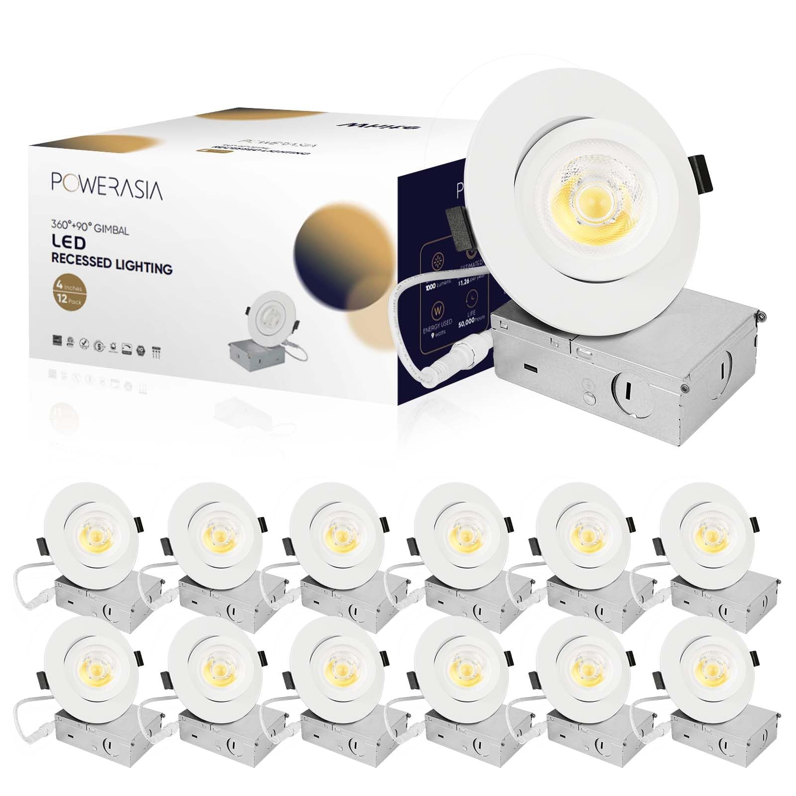 12 Pack 4 Inch Gimbal LED Recessed Lighting with Junction Box, 5CCT ...