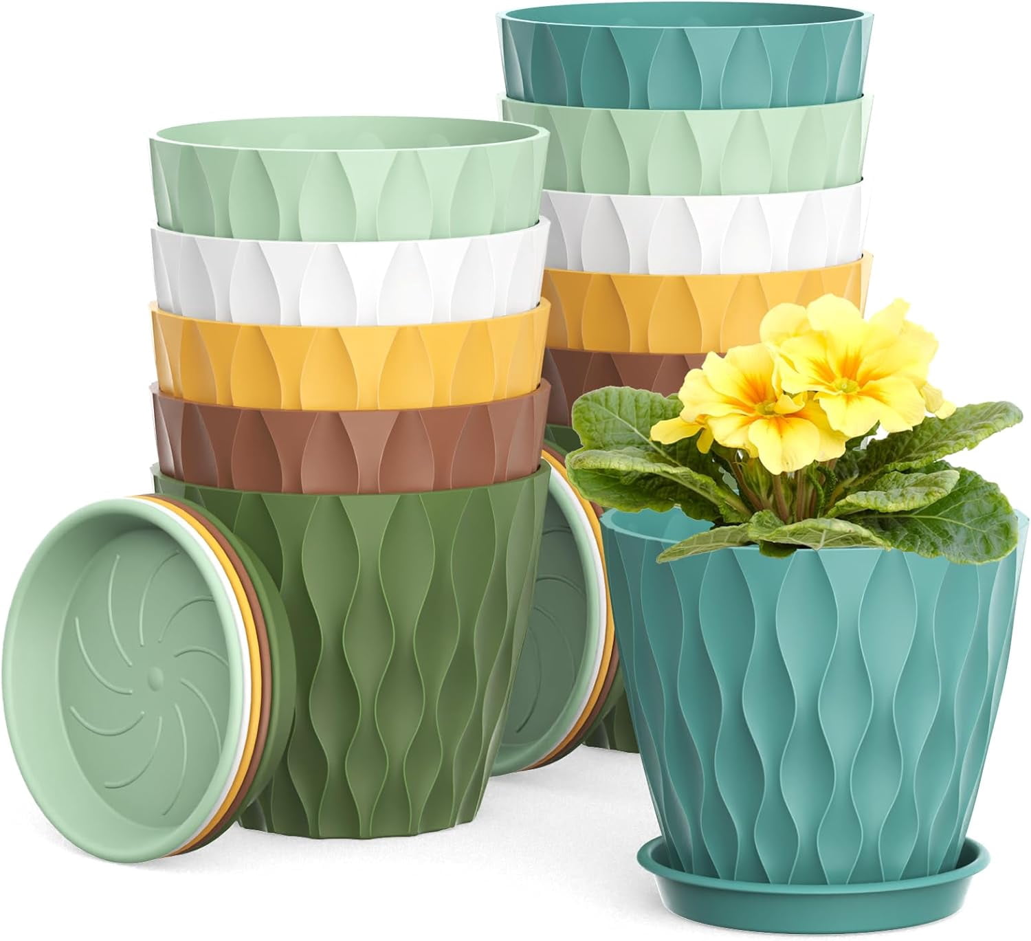 12 Pack 4 Inch Small Plant Pots with Saucers, 3D Textured Plastic ...