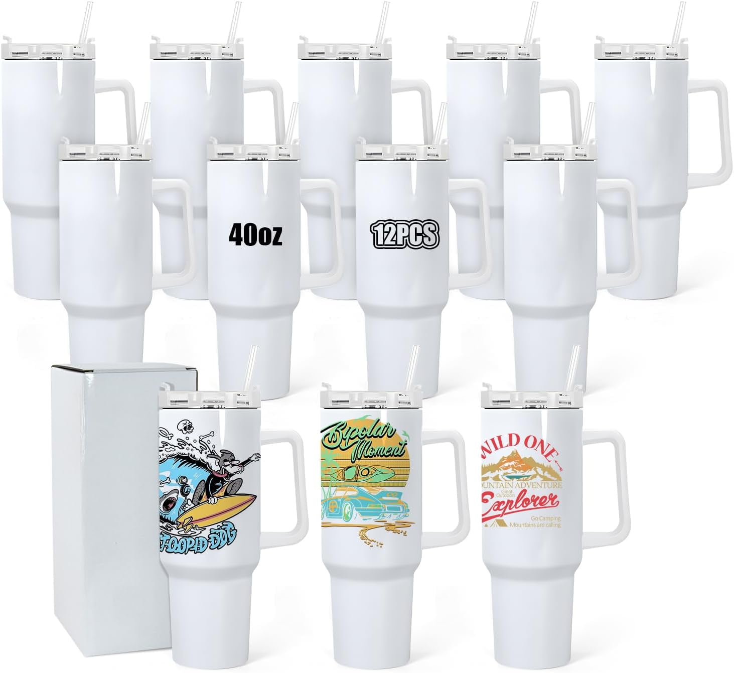 12 Pack 40 oz Sublimation Tumbler with Handle, Stainless Steel Sublimation Tumblers Blank with ...