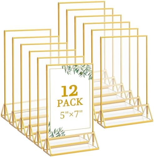 12 Pack 5x7 Inch Clear Acrylic Sign Holders, Double-Sided Gold Display ...
