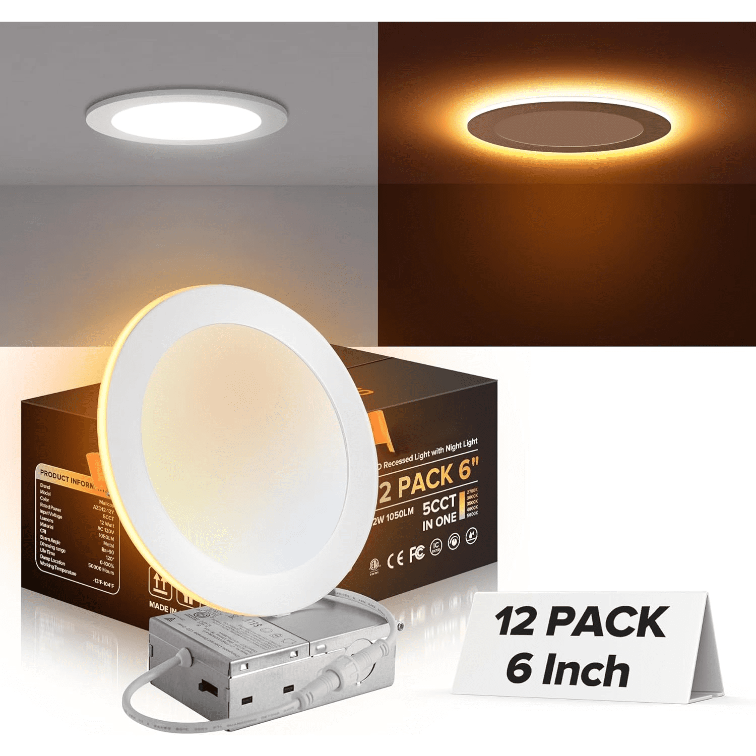 12 Pack 6 Inch 5CCT LED Recessed Ceiling Light with Night Light, 2700K ...