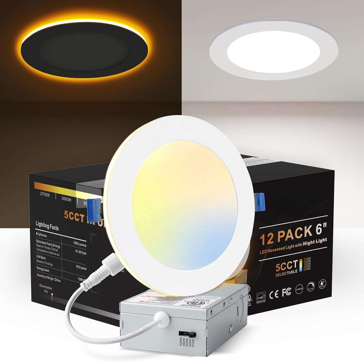 12 Pack 6 Inch 5CCT LED Recessed Light with Night Light,Ultra-Thin ...