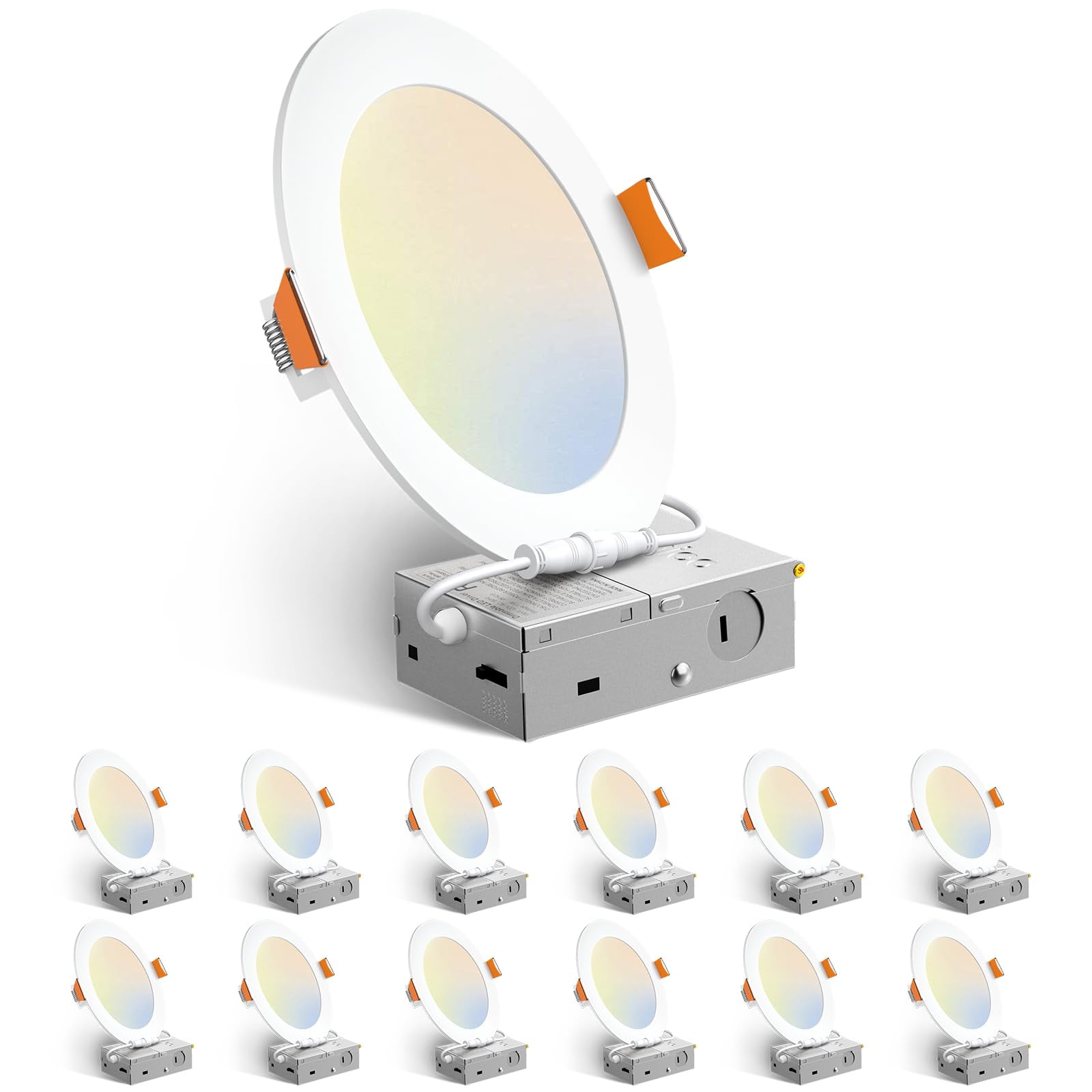 12 Pack 6 Inch 5CCT Ultra-Thin LED Recessed Ceiling Light with Junction Box, 1050LM Brightness ...