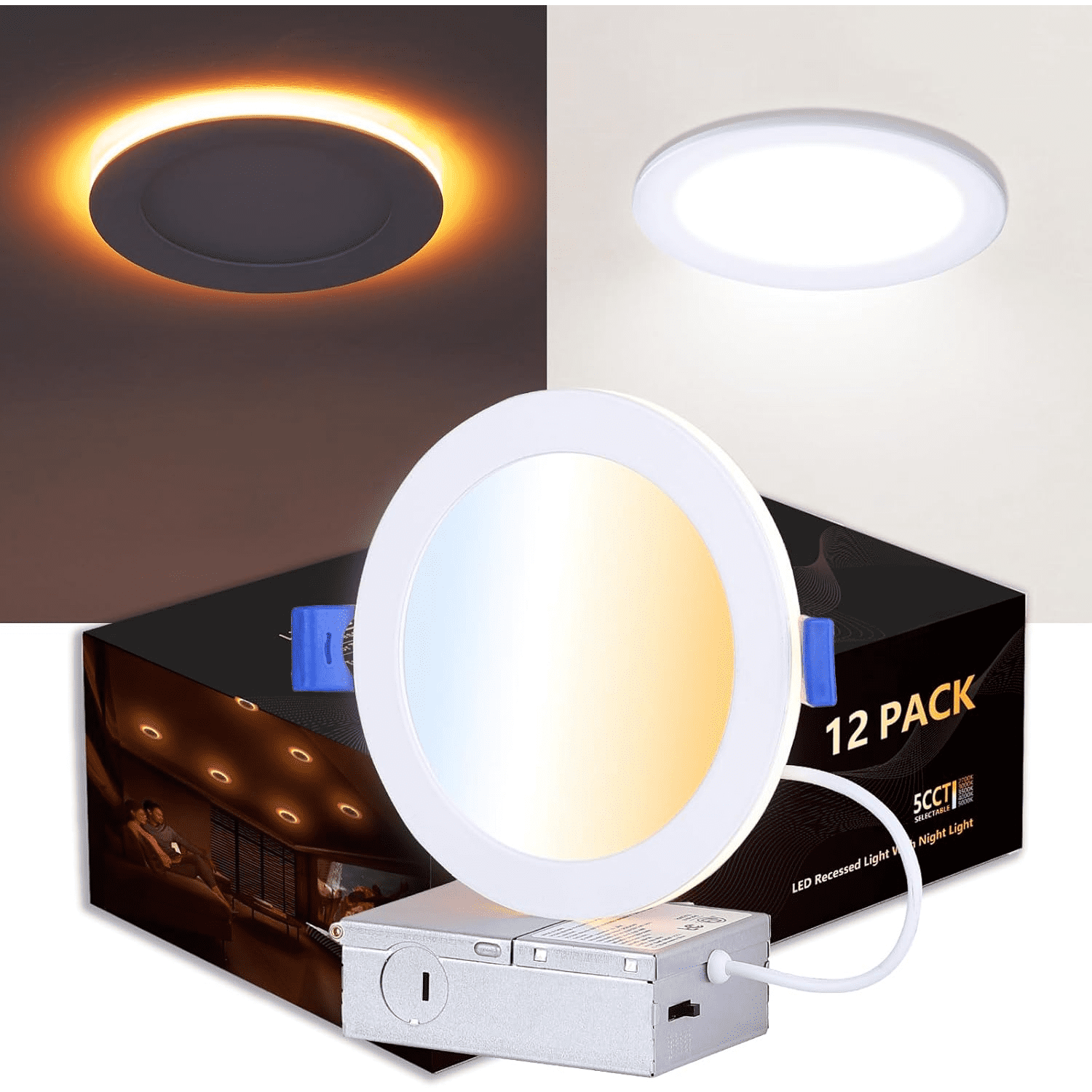 12 Pack 6 Inch LED Recessed Lighting with Night Light - Canless Ultra Thin Wafer Downlight ...