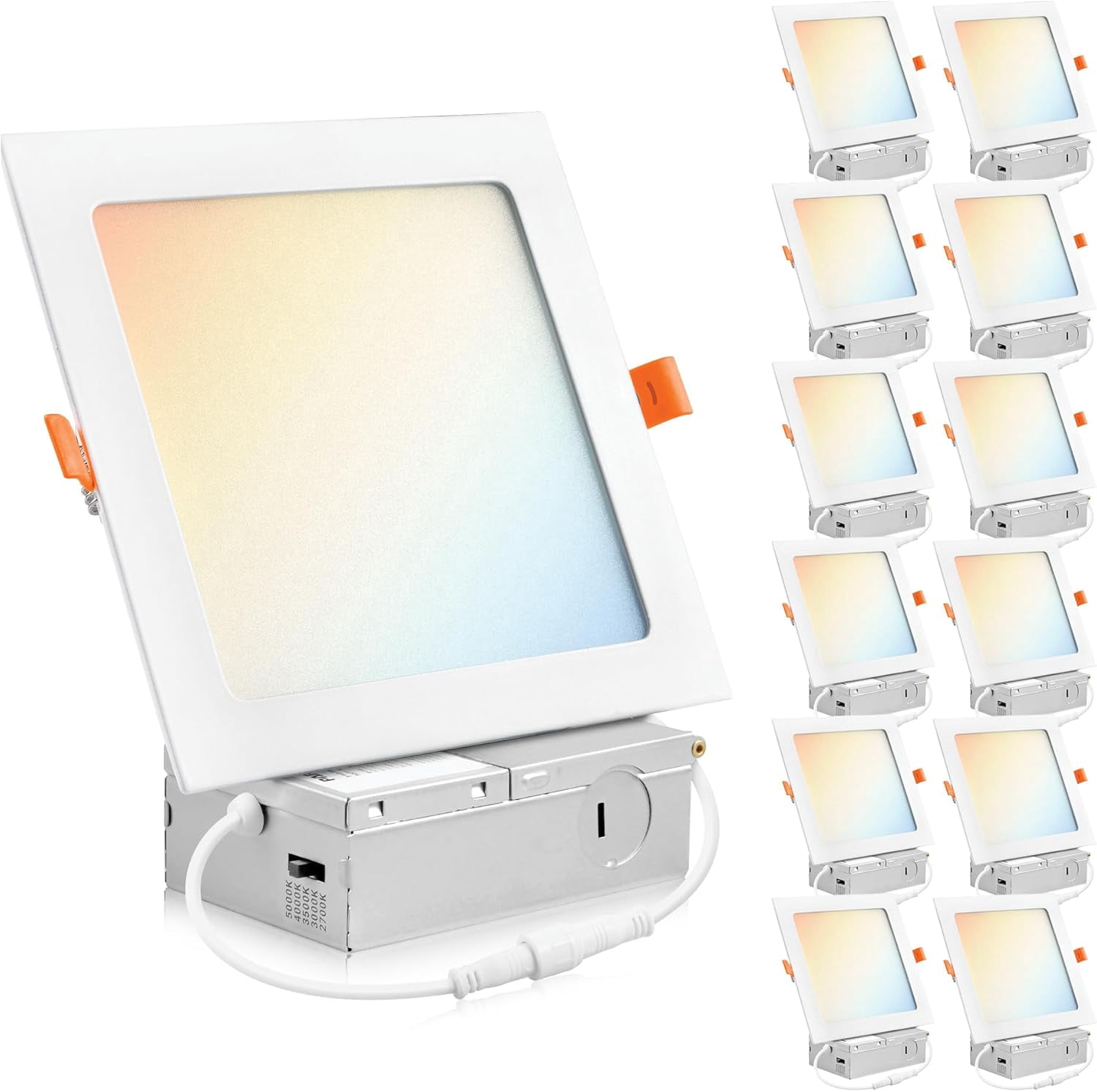 (12 Pack) 6 Inch Square 5CCT Ultra Thin Recessed Lighting with Junction ...