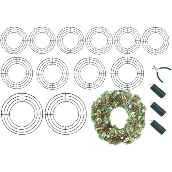 12 Pack 8, 12, 16 Inch Christmas Metal Wreath Frames Round Green Wreath ...
