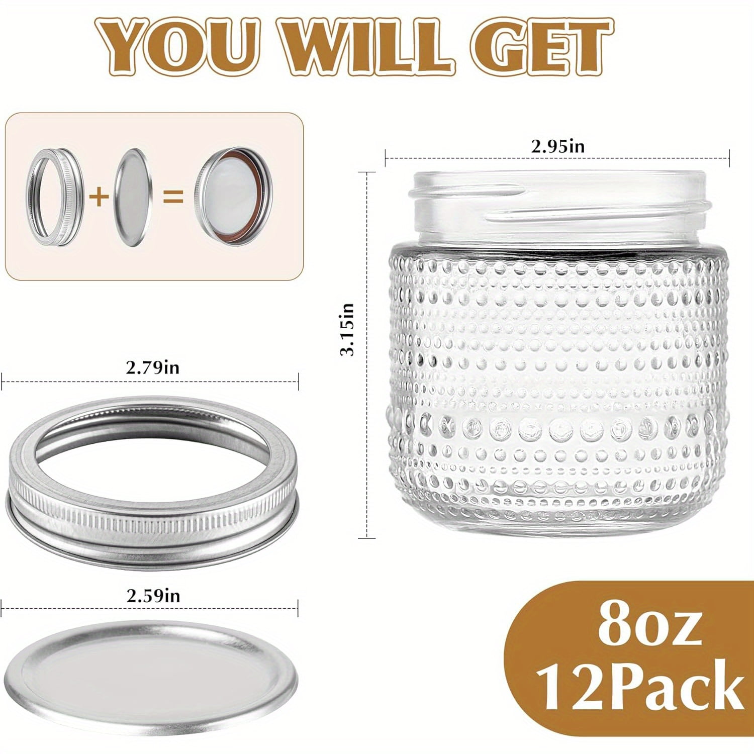 12-Pack 8-Ounce Vintage Style Glass Canning Jars with Metal Lids, for ...