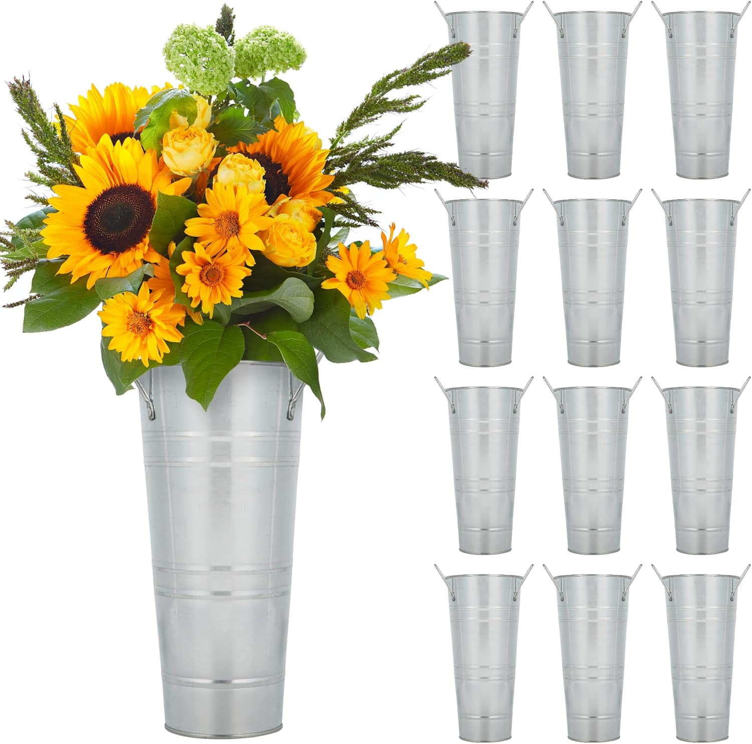12 Pack 9" Galvanized Metal Flower Vase, French Bucket Vases with ...