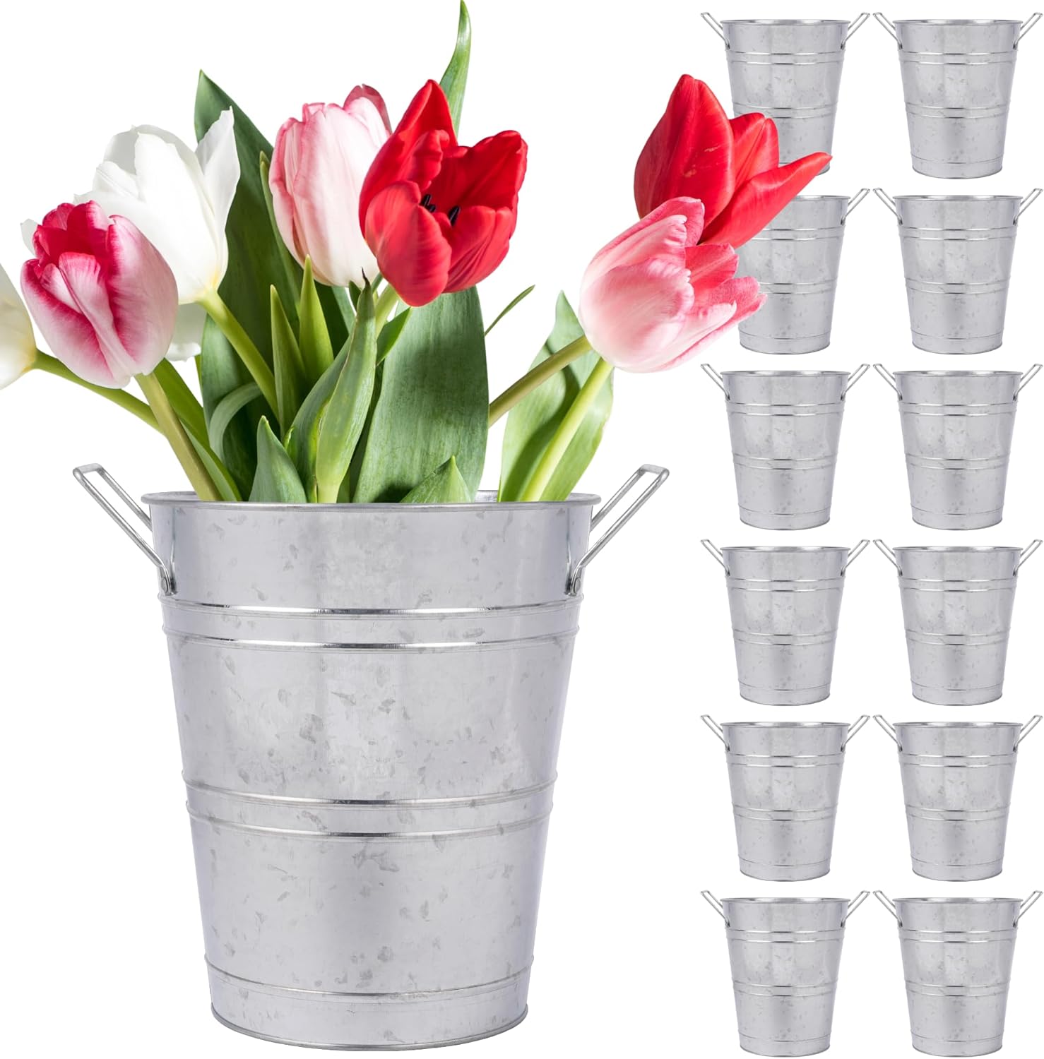 12 Pack 9" Galvanized Metal Flower Vase, French Bucket Vases with ...