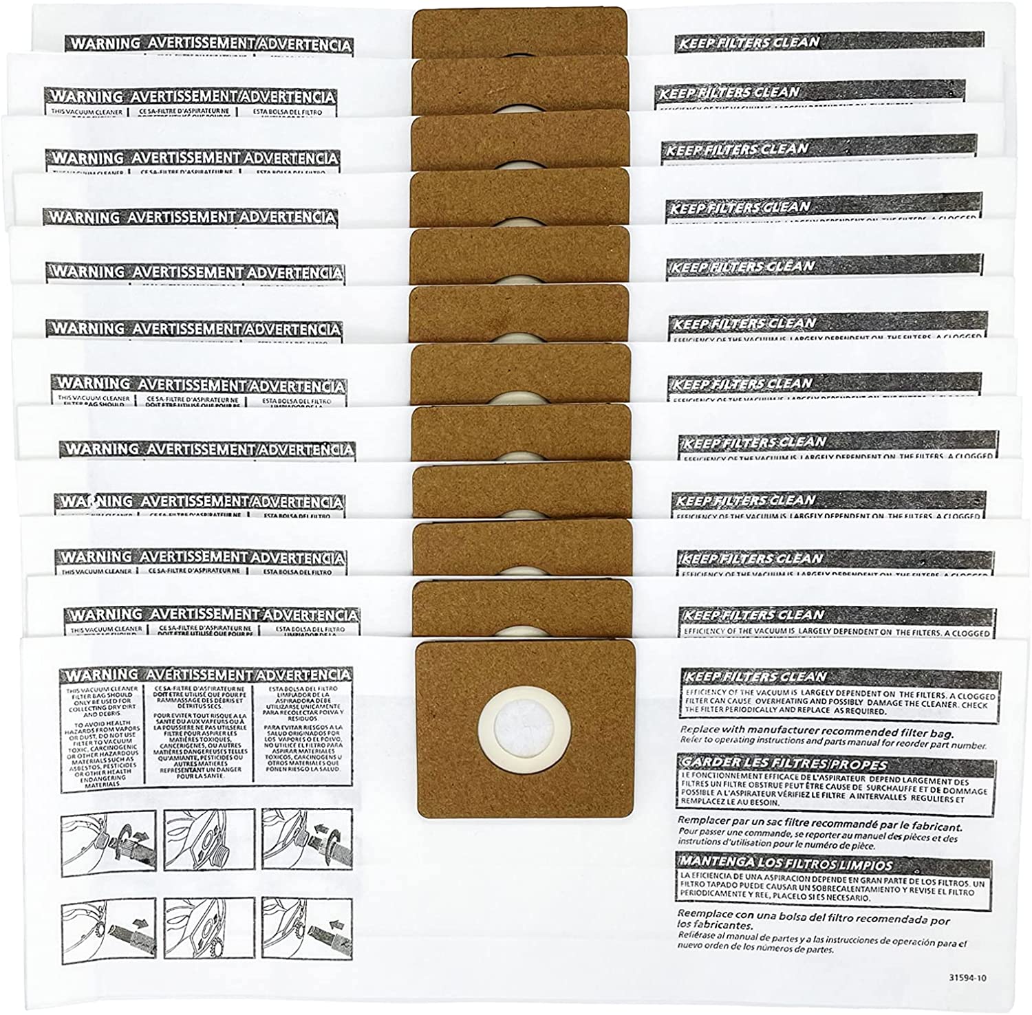 12 Pack 90668 Type B Filter Bags Compatible with Shop Vac 2-2.5 Gallon ...