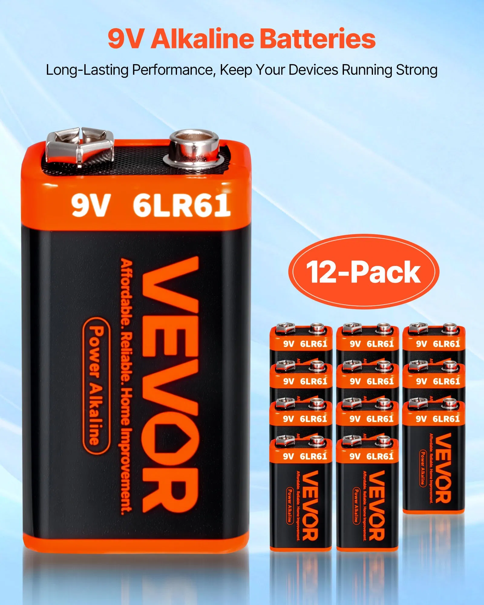 12-Pack 9V Alkaline Batteries - Long-Lasting Performance for Smoke ...