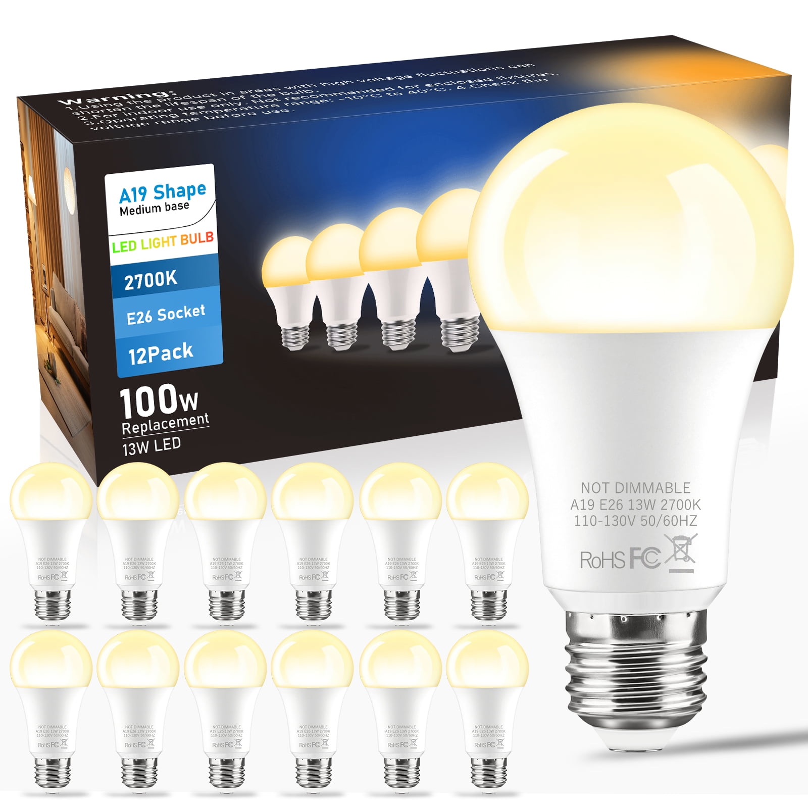 12-Pack A19 LED Light Bulbs 100 Watt Equivalent LED Bulbs, 13W 2700K Warm White, Non-Dimmable ...