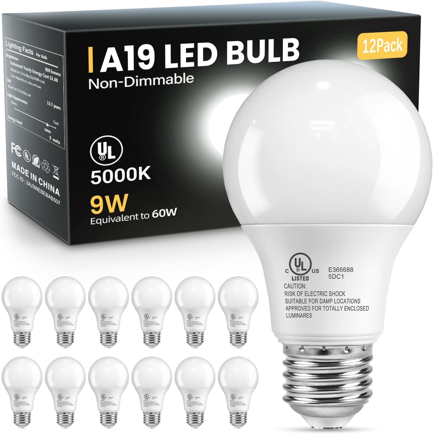 12 Pack A19 LED Light Bulbs, Daylight 5000K, 9W(60 Watt Equivt), 800 ...