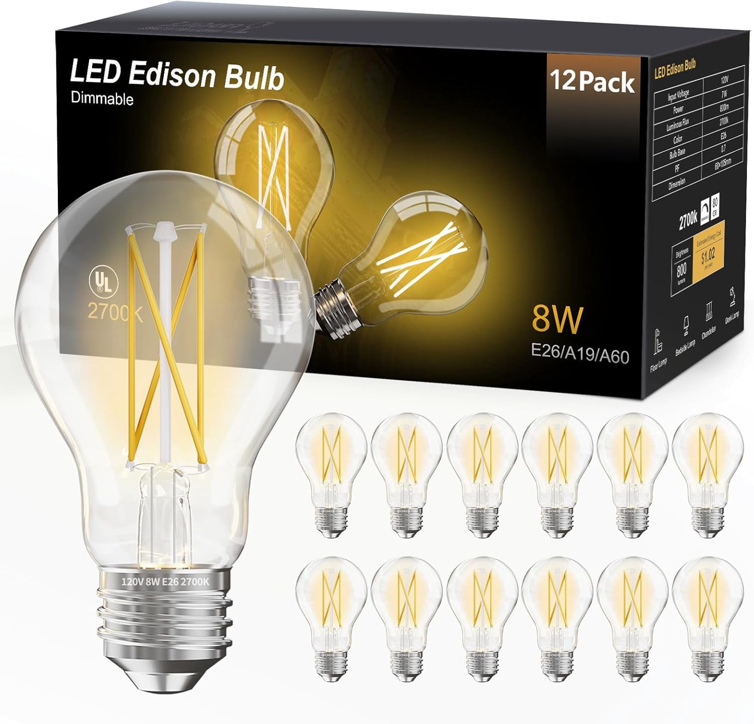 12 Pack A19 Vinta LED Edison Bulbs, 60W Equivt, Dimmable, High ...