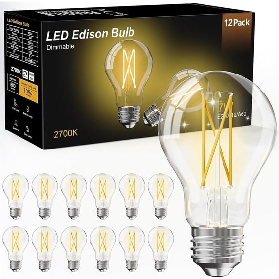 12 Pack A19 Vinta LED Edison Bulbs, Dimmable, 60W Equivt, High ...