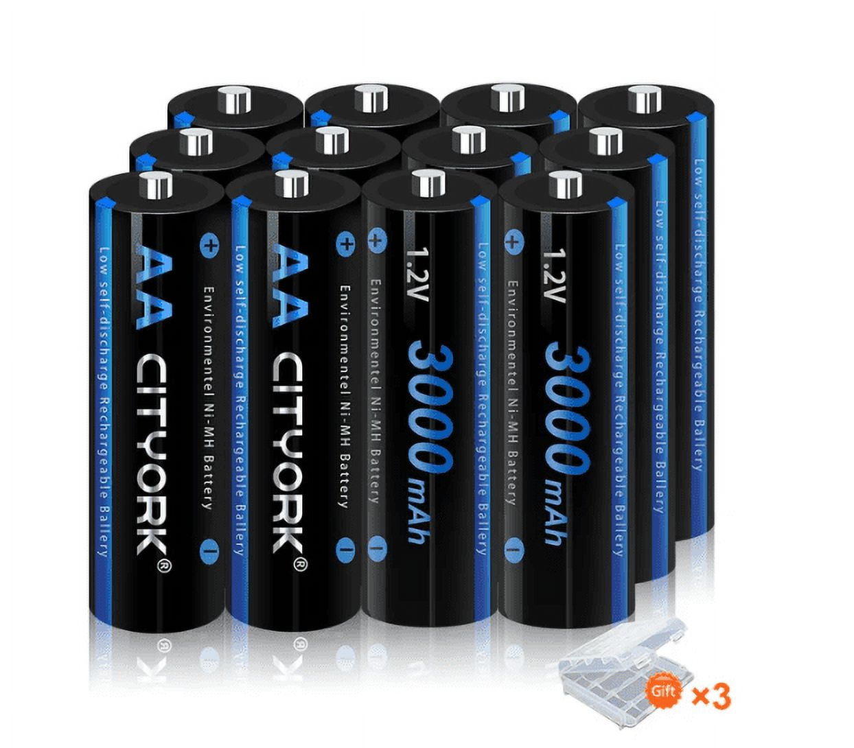 12 Pack AA Batteries 3000mAh 1.2V Ni-MH High Capacity AA Rechargeable Batteries with 3 Pack ...