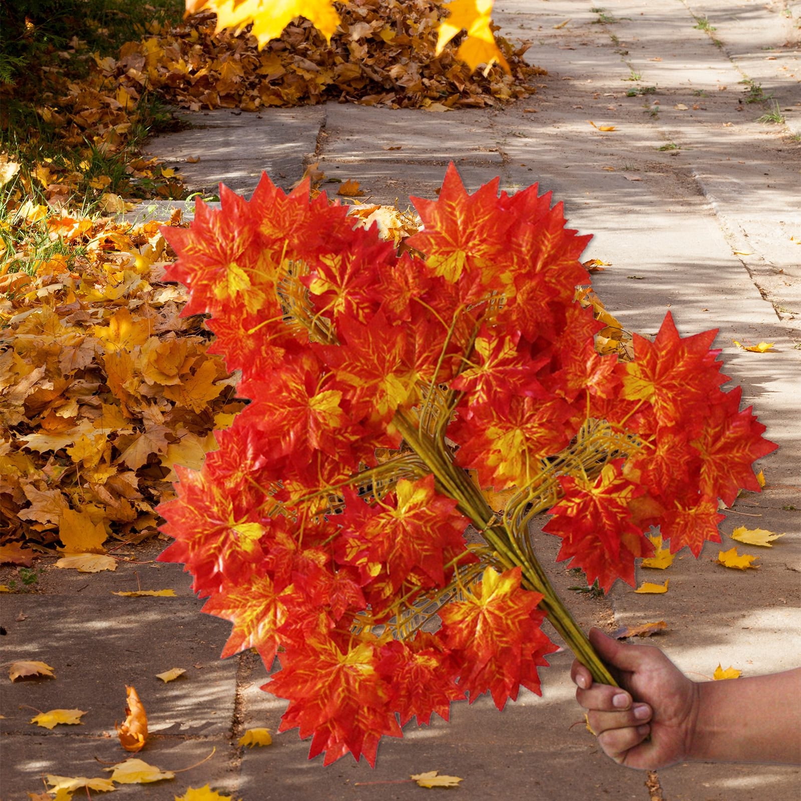 12 Pack Artificial Red Maple Leaf Branches - 21.6" Plastic Fake Leaves ...