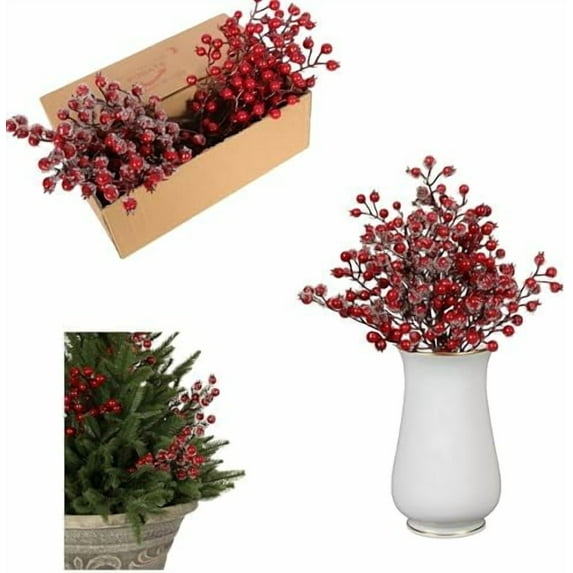 12 Pack Artificial Snowy Christmas Red Berries Red Berry Picks Winter ...