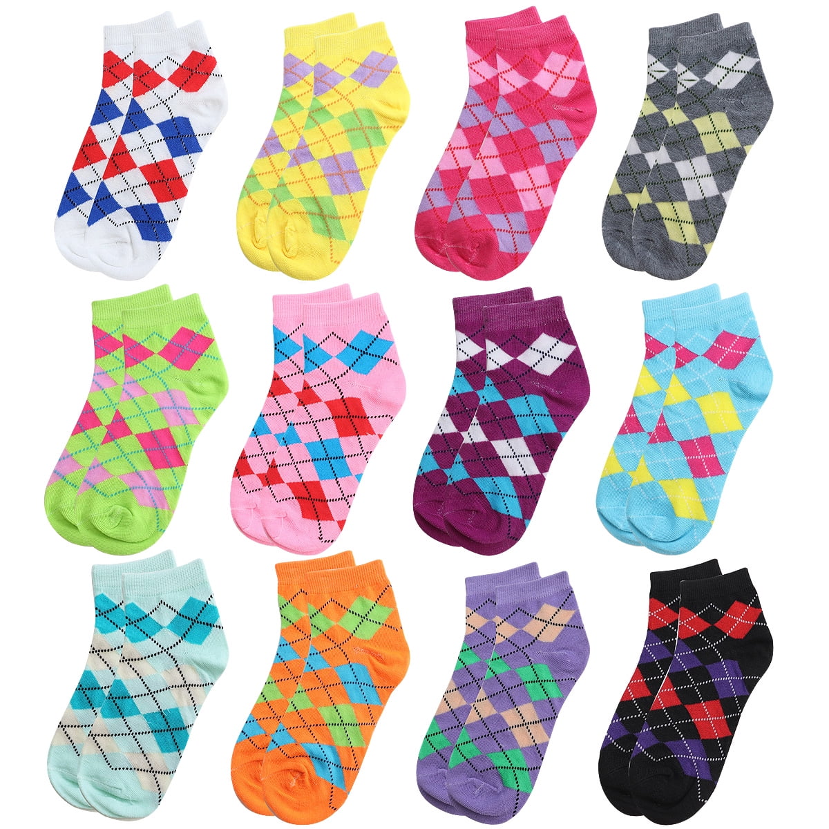 12-Pack Assorted Colors Women's Ankle Socks Size 9-11 Argyle #1 ...