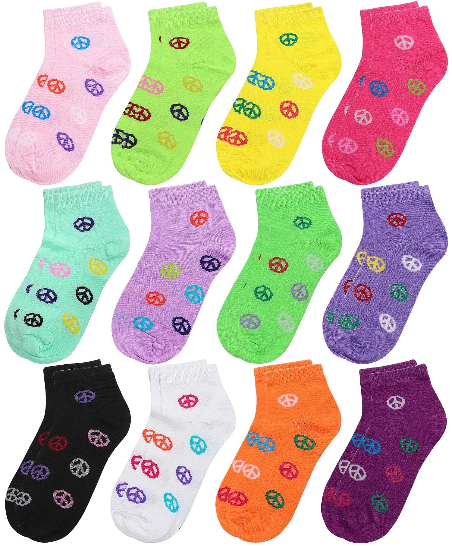 12-Pack Assorted Colors Women's Novelty Ankle Socks Size 9-11 Peace ...