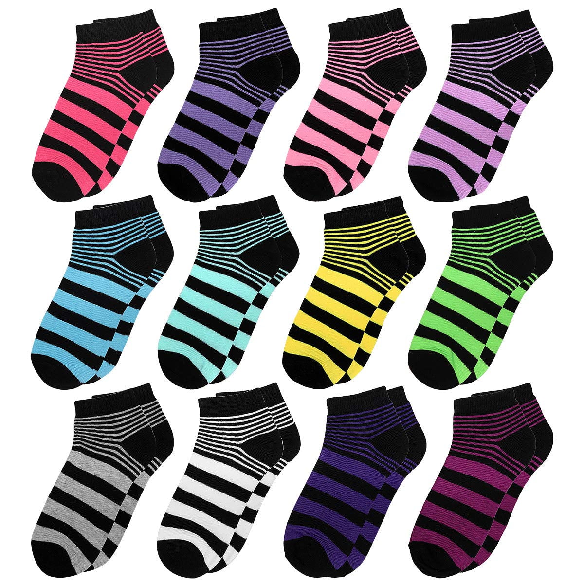 12-Pack Assorted Colors Women's Novelty Ankle Socks Size 9-11 Striped ...