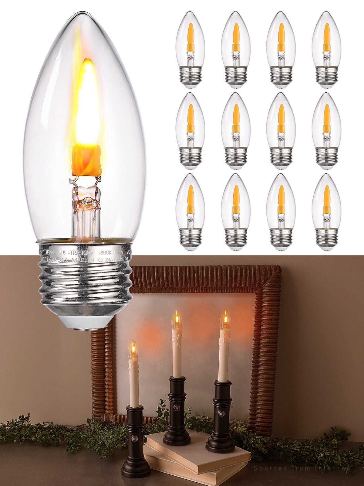 12 Pack B11 Flame Light Bulbs E26 Base, 1W LED Flickering Bulbs, 2 ...