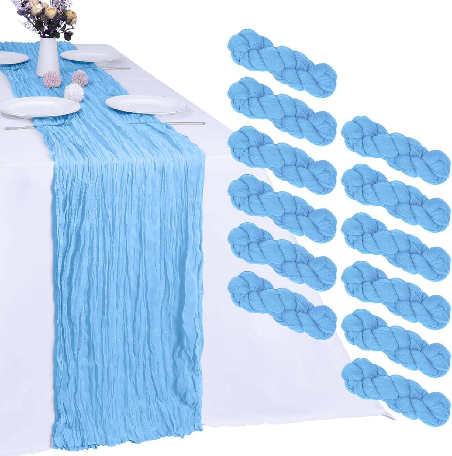 12 Pack Baby Blue Cheesecloth Summer Table Runner 10FT Boho Gauze ...
