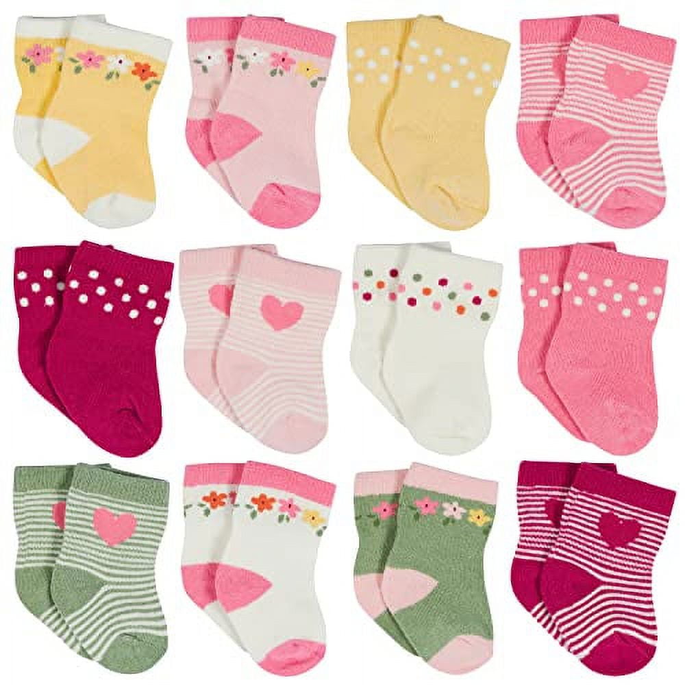 12-Pack Baby & Toddler Girls Floral Fox Jersey Crew Wiggle Proof® Socks ...