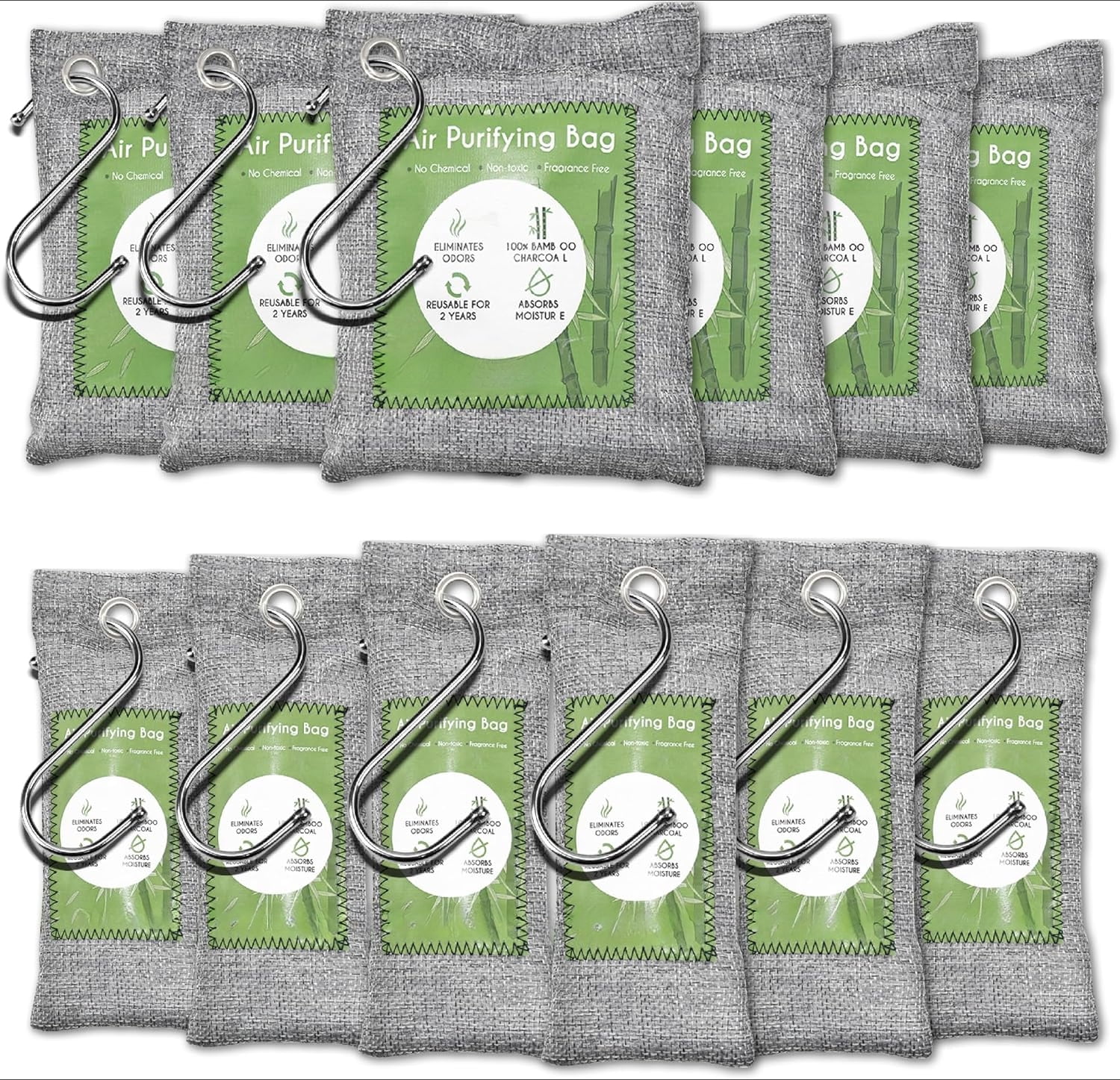 12 Pack Bamboo Air Purifying Bag, Activated Charcoal Bags Odor Absorber ...
