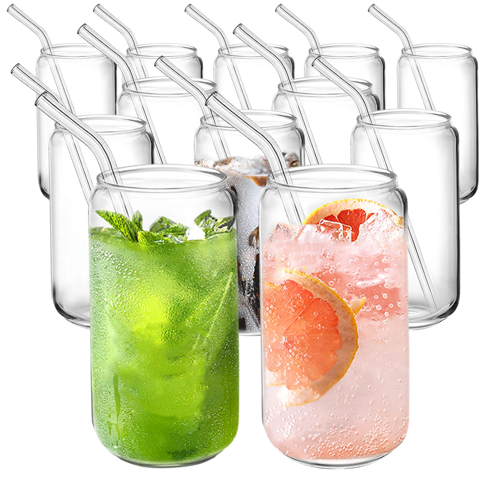 6pcs Set Drinking Glasses With Straw 16oz Can Shaped Glass Cups Beer