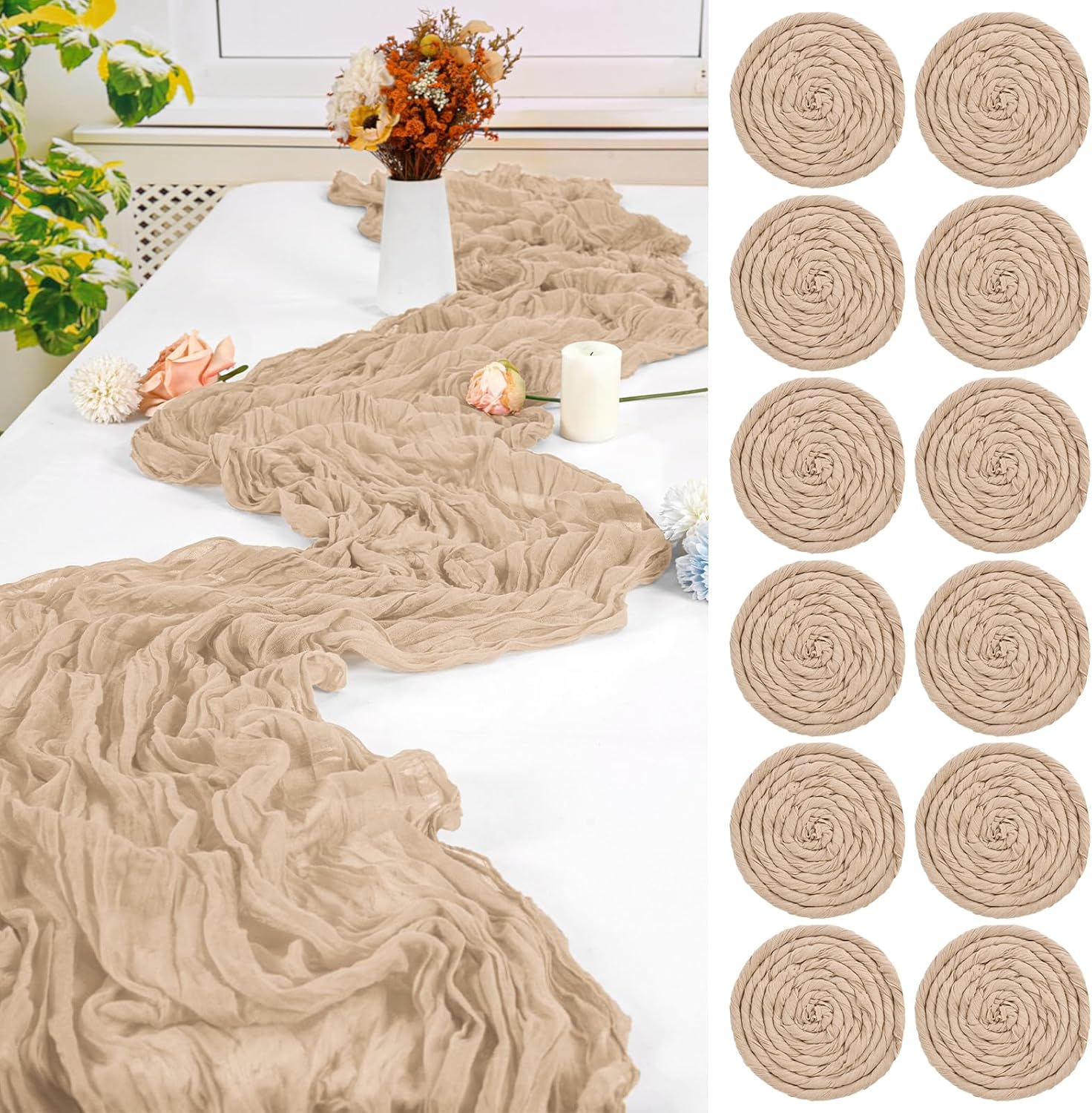 12 Pack Beige Cheesecloth Table Runner 35x120 Inch 10Ft Romantic Gauze ...