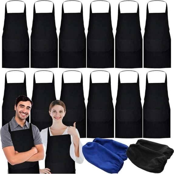 12 Pack Bib Apron,Black Aprons with 2 Pockets,Unisex Black Plain Aprons ...