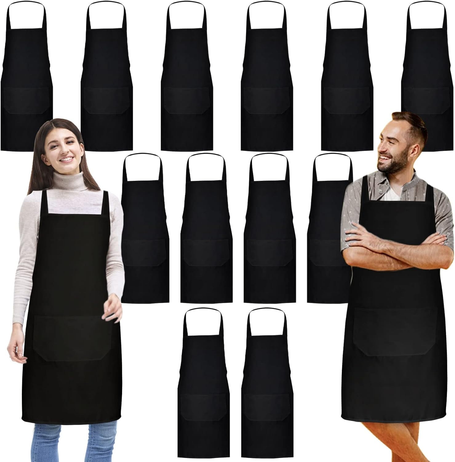 12 Pack Kitchen Bib Apron, Unisex Black with 2 Pockets, For Cooking ...
