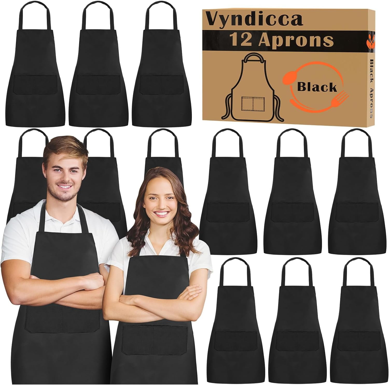 12 Pack Bib Apron,Black Aprons Bulk,Unisex Plain Bib Aprons with 2 ...