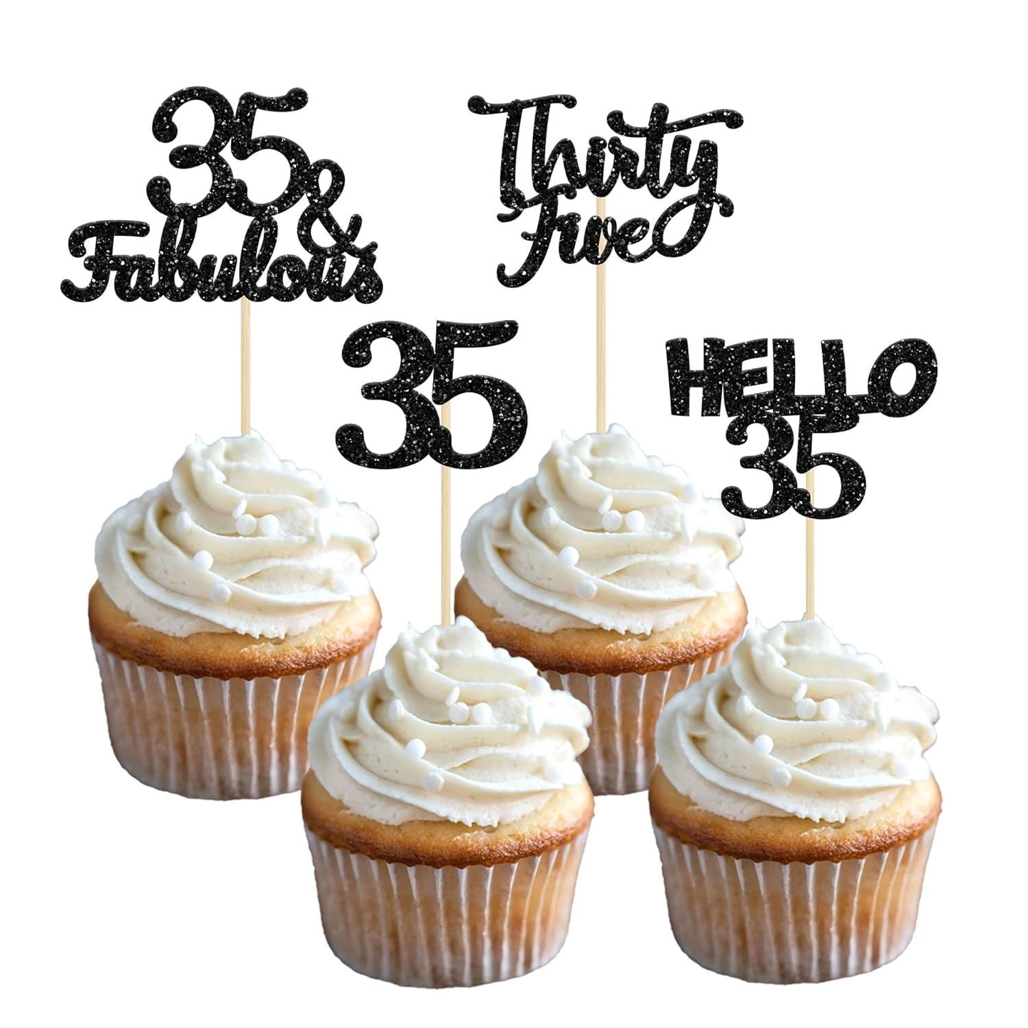12 Pack Black Glitter 35th Birthday Cupcake Toppers, Hello 35 Thirty ...