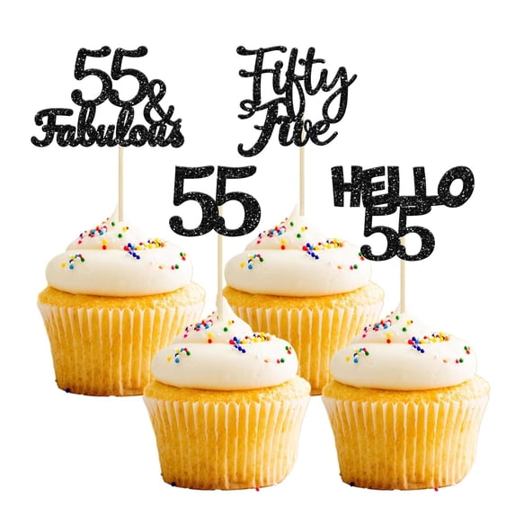 12 Pack Black Glitter 55th Birthday Cupcake Toppers, Hello 55 Fifty ...