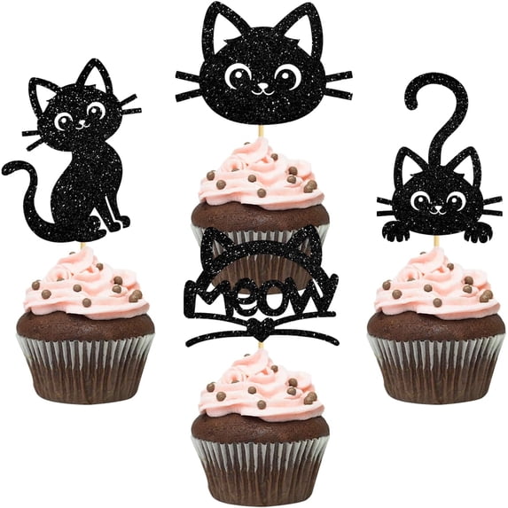12 Pack Black Glitter Cat Cupcake Toppers, Meow Kitty Picks for Cat ...