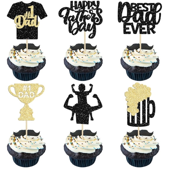 12 Pack Black Glitter "Happy Father's Day" Cupcake Toppers, Party Picks ...