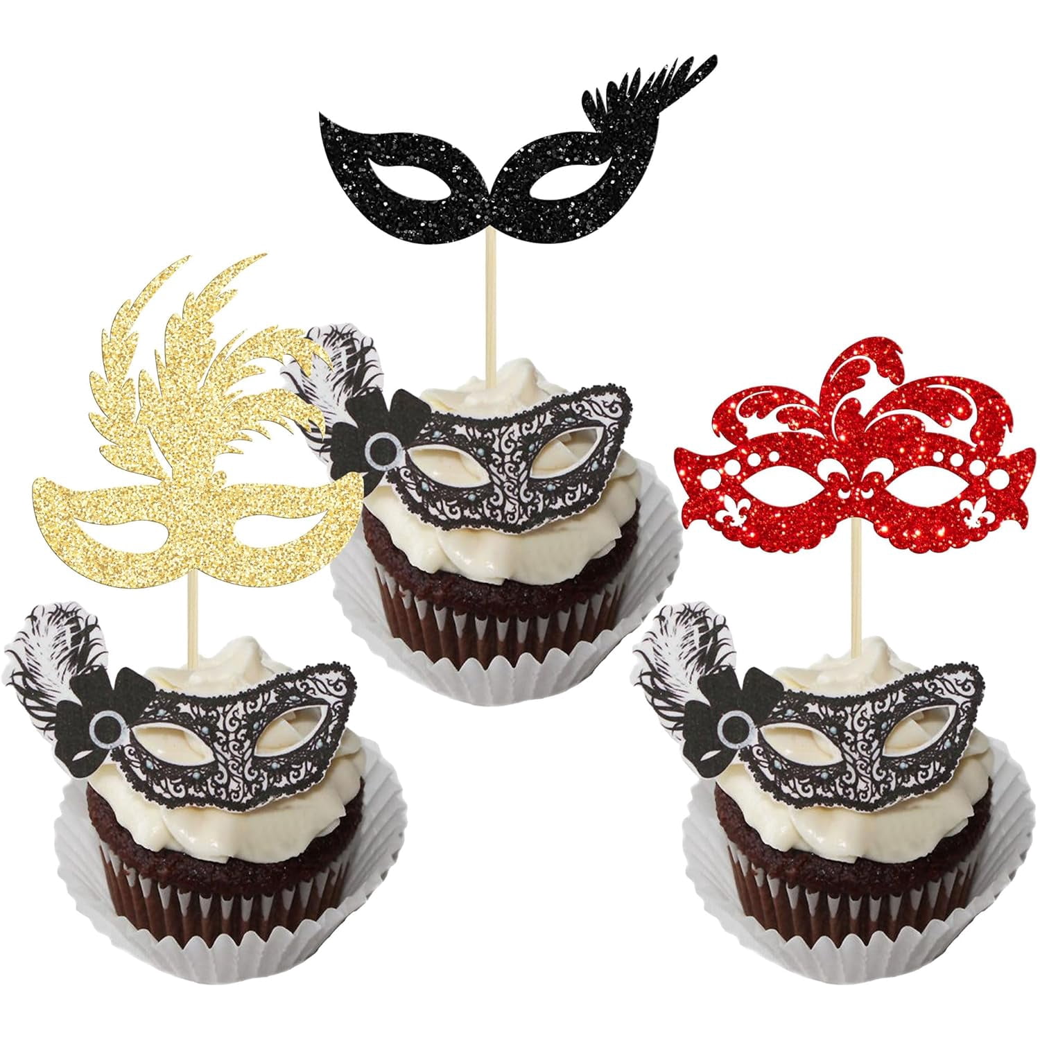 12 Pack Black & Gold Glitter Masquerade Mask & "Mardi Gras" Cupcake ...