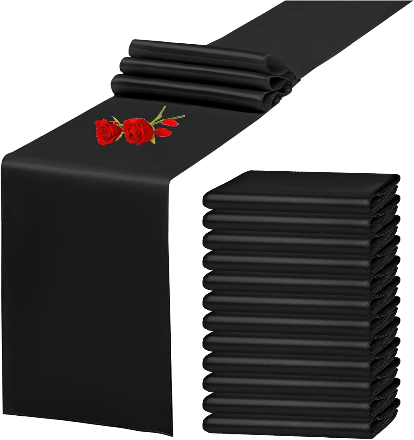 12 Pack Black Satin Table Runners 12 x 108 Inch Premium Long Table ...